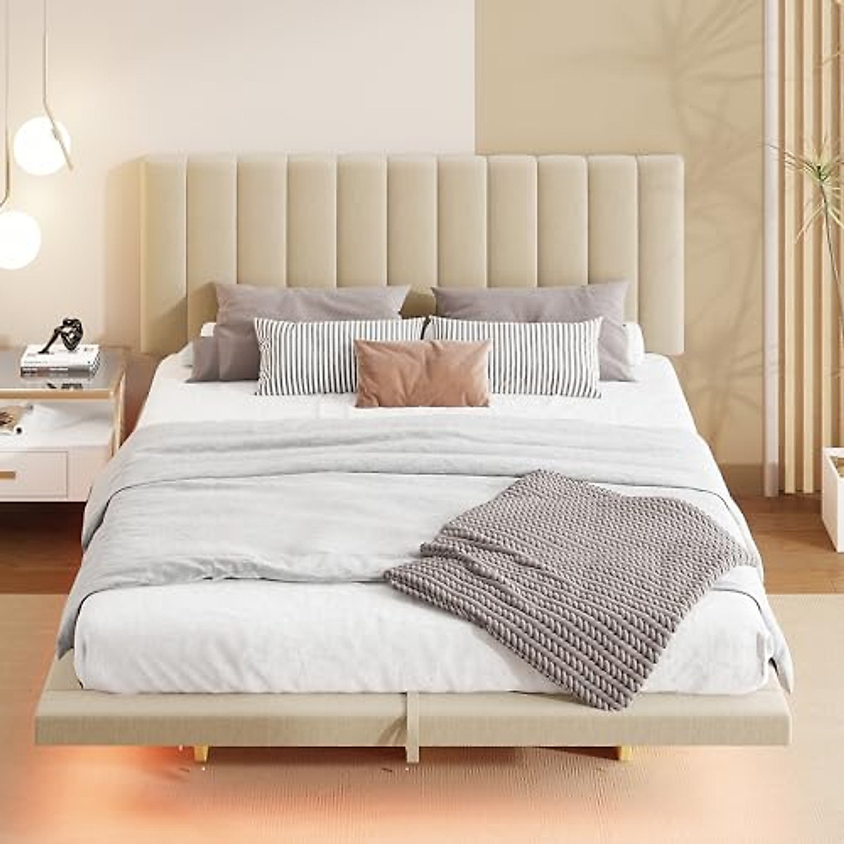 Acosure Queen Size Hydrualic Upholstered Floating Bedframe with LED Light & USB Port,Velvet Upholstered Platform Bed W/Storage,Space Saving,Beautiful Furniture for Bedroom Guest Room Apartment,Beige