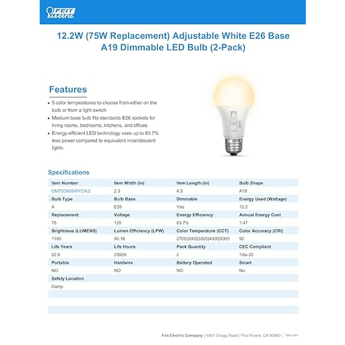 Feit Electric A19 LED Light Bulb, 75W Equivalent, Dimmable, Color Selectable 6-Way, E26 Medium Base, 90 CRI, 1100 Lumens, Damp Rated Standard Bulb, 22-Year Lifetime, OM75DM/6WYCA/2, 2 Pack