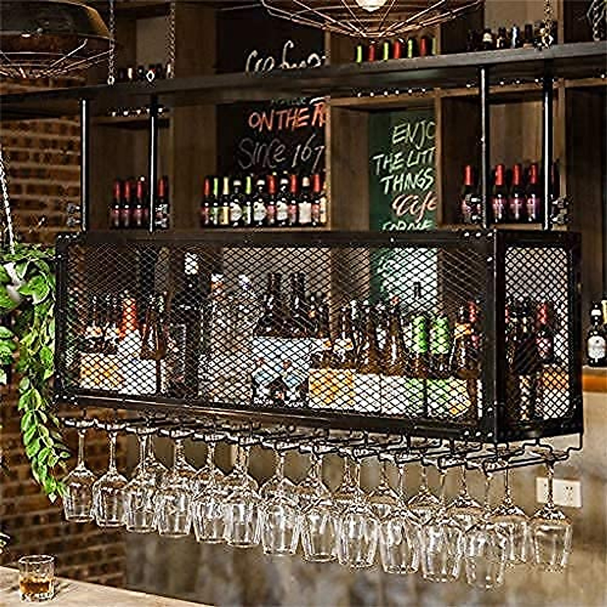 Wheel-hy Wine Rack Ceiling Wine Racks,Bar,Restaurant,Hanging,Wine Glass Rack,Ceiling Rack Storage s Hanging Wine Bottle and Glass Holder 2-Tier Wine Stemware Holder/Black/L80W30Cm