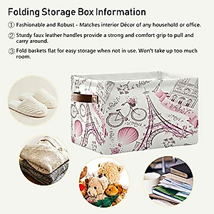 Mazeann Paris Eiffel Tower Storage Basket Bin Collapsible Foldable for Clothes Toys Storage Cabinets Waterproof Storage Box 15 x 11 x 9.5 inches, Pink and Beige, 1PC
