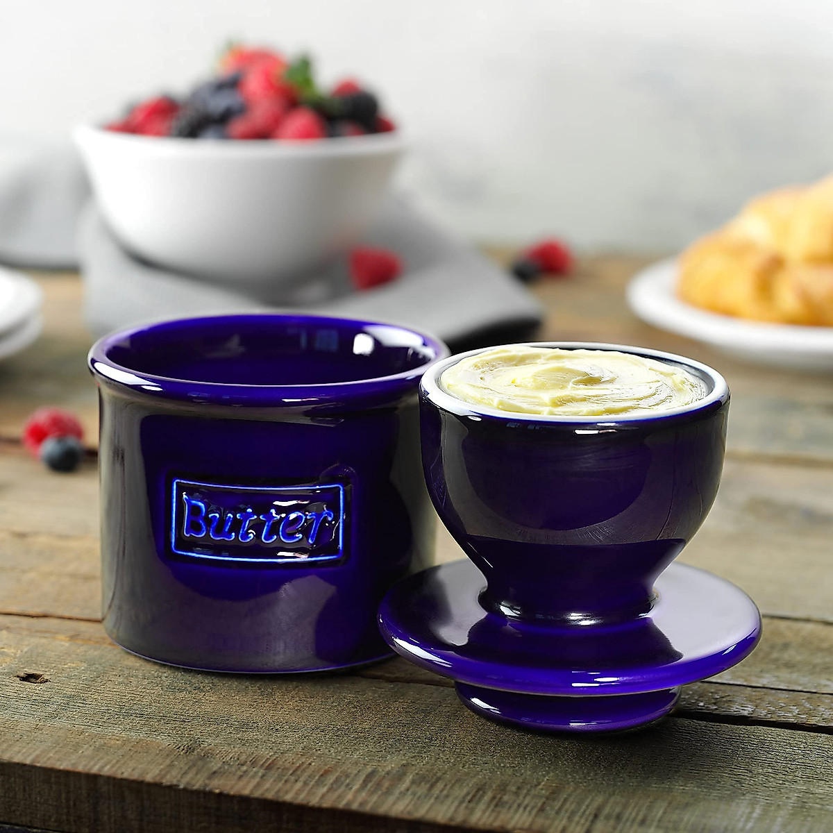 Butter Bell - The Original Butter Bell crock by L Tremain, a Countertop French Ceramic Butter Dish Keeper for Spreadable Butter, Café Retro Collection, Cobalt Blue, Glossy Finish
