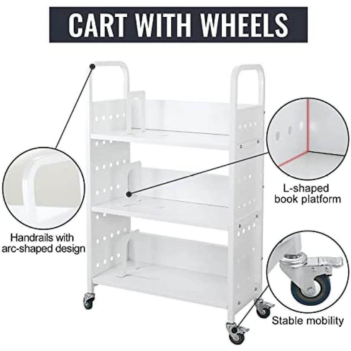 Book Cart, 200 LBS Library Cart, Rolling Book Cart, Single Sided L-Shaped/V-Shaped Sloped Shelves with Lockable Wheels for Home Shelves Office School Book Truck