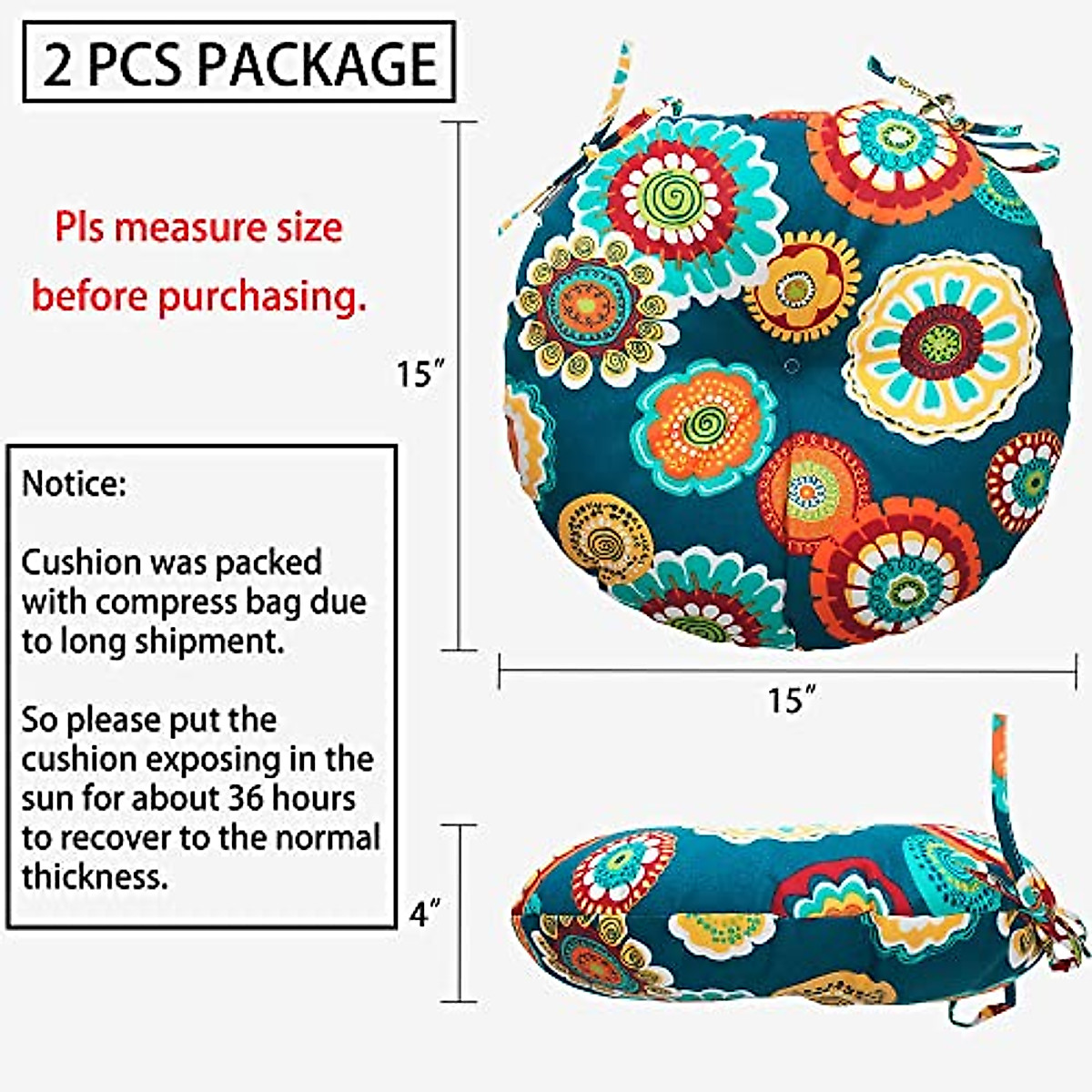 MAGPIE FABRICS Outdoor 15"x15"x4" Round Bistro Seat Cushions with Ties Set of 2, Tufted Waterproof Patio Floor Chair Pads for Home Garden Balcony Kitchen Office Porch, Heronsbill Turquoise Green