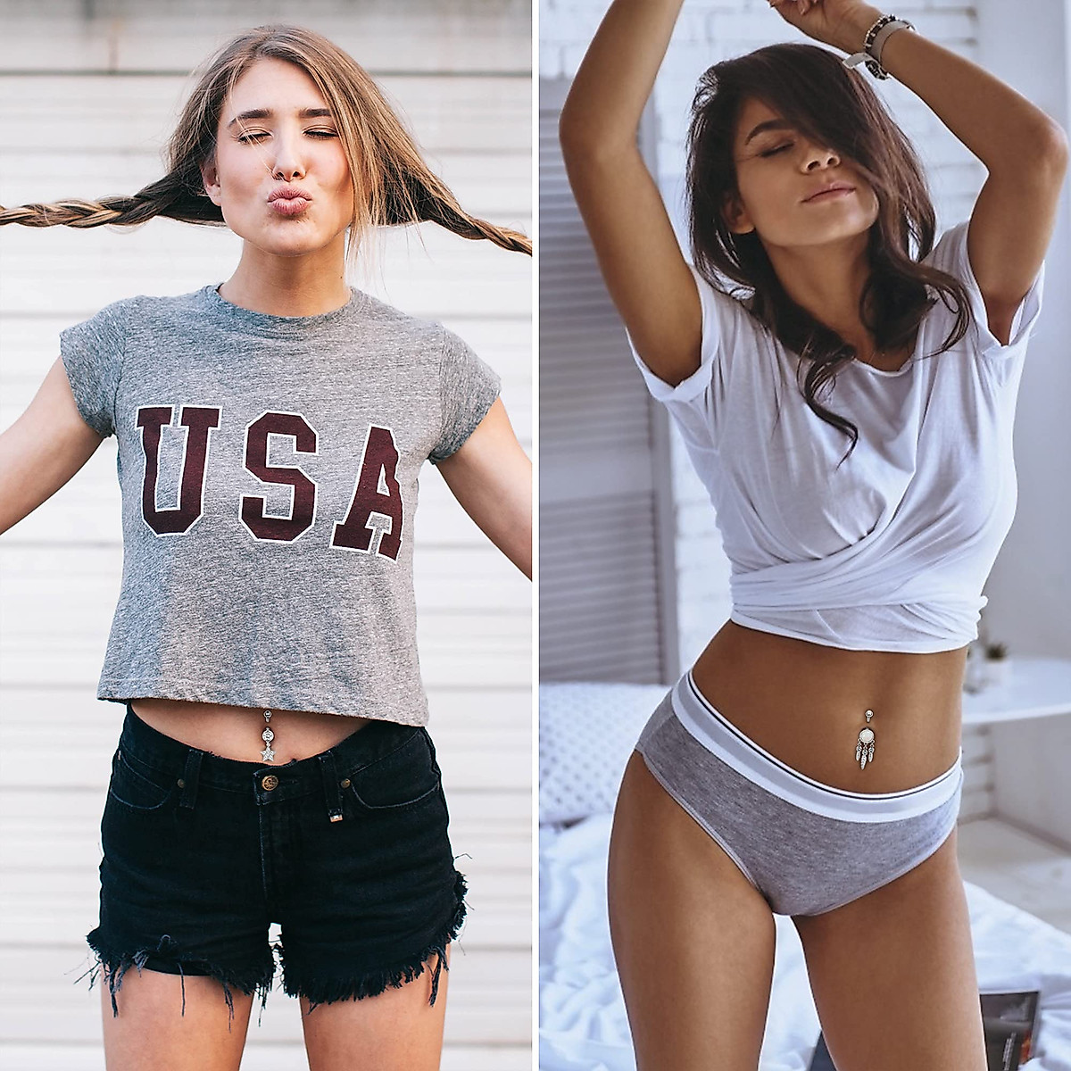 Drperfect 14G Belly Button Rings Dangle with Opal Feather Sun Moon Star for Women Belly Rings Navel Rings 316L Surgical Steel Belly Navel Piercing Jewelry (Silver Tone)