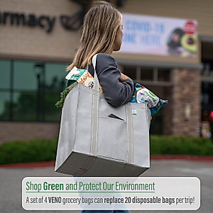 VENO 4 Pack Reusable Grocery Bags w/ Hard Bottom, Heavy-Duty Shopping Bags for Shopping Cart (Beige, 4 Pack)