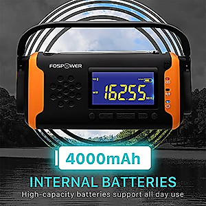 FosPower 4000mAh NOAA Emergency Weather Radio (Model D2) Portable Power Bank with Solar Charging, Hand Crank & Battery Operated, LCD Display, SOS Alarm, AM/FM & LED Flashlight for Outdoor Emergency