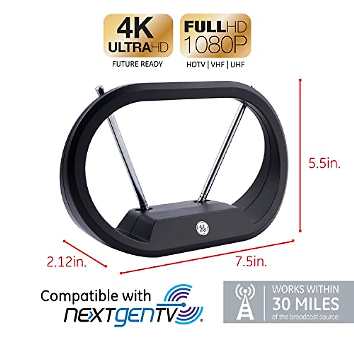 GE Modern Loop Rabbit Ears Indoor TV Antenna, 15 inch Extendable Dipoles, 4K 1080P VHF UHF, Tabletop Antenna, Digital HDTV Antenna, Smart TV Compatible, 4ft Coaxial Cable, Black, 33675