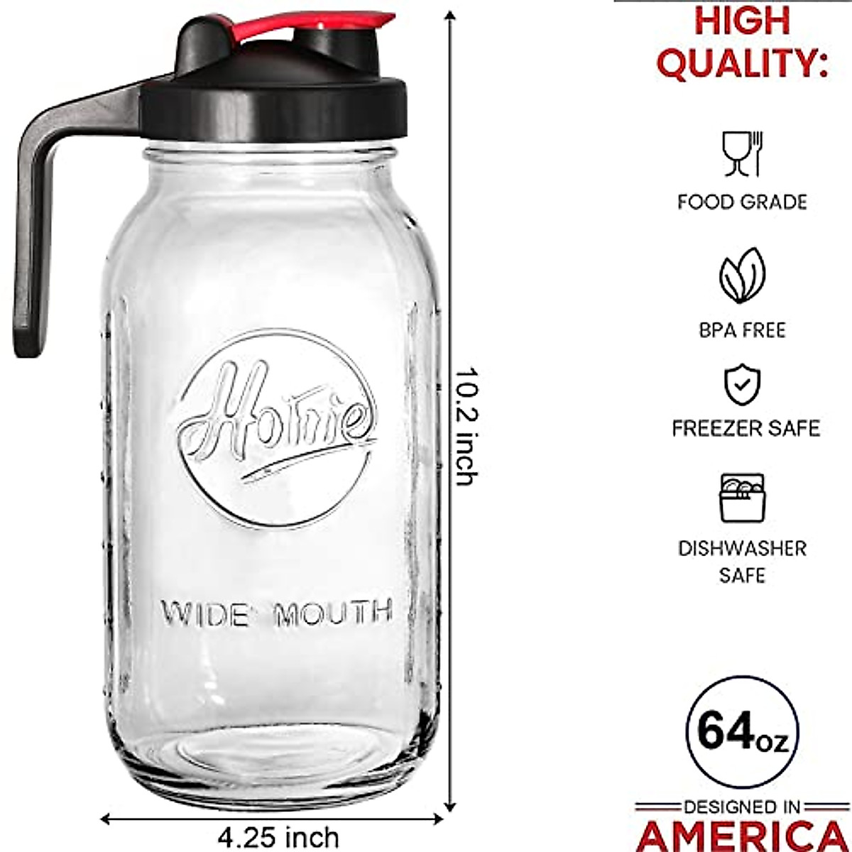 Tebery 2 Pack Wide Mouth Half Gallon Glass Mason Jar Pitcher with Handle Lids, 64Oz Water Carafe Jug Juice Mixing Pitcher for Iced Tea, Sun Tea, Lemonade, Coffee