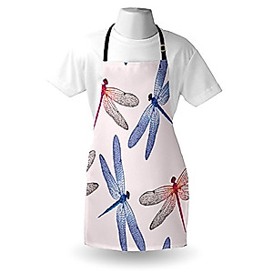 Ambesonne Dragonfly Apron, Dragonfly Forms High Detailed Ornate Irregular Macro Retro Simplistic Print, Unisex Kitchen Bib with Adjustable Neck for Cooking Gardening, Adult Size, Pink Blue