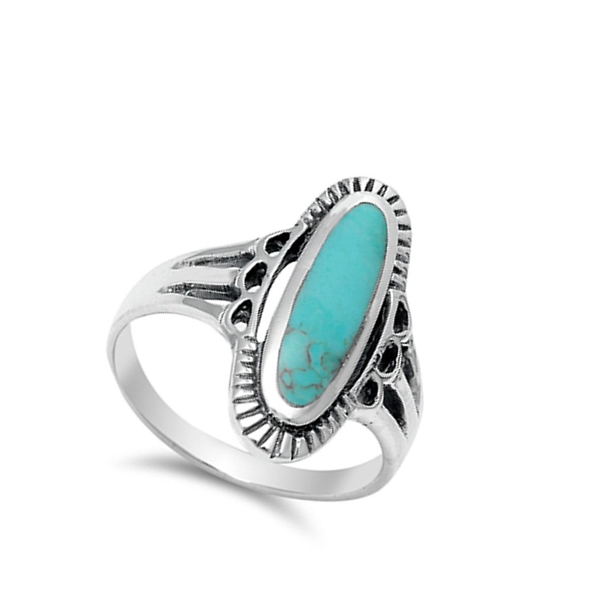 Women's Long Simulated Turquoise Beautiful Ring New .925 Sterling Silver Band Size 7