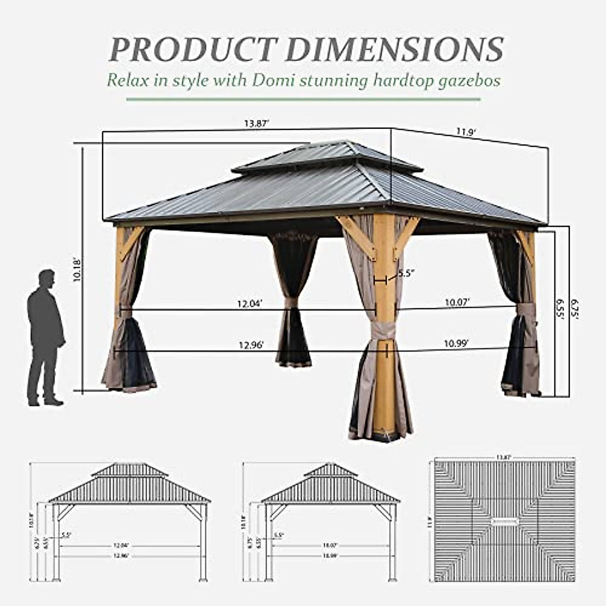 domi outdoor living 12x14 ft Wood Gazebo, Cedar Frame Hardtop Gazebo with Galvanized Steel Double Roof, Netting & Curtains, Patio Pergola Pavilion for Patio, Backyard, Deck, Lawns
