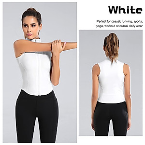 FEOYA Women Full Zip Sleeveless Tank Top Workout Shirts Elastic Sweatshirt for Yoga Running Golf Vest T-Shirts White S