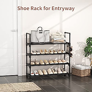 WEXCISE Shoe Rack 4 Tier 16-20 Pairs Shoe Rack for Entryway Sturdy Shoe Organizer Storage for Closet Bedroom Dorm Heavy Duty Black Metal Shoe Shelf with Hooks