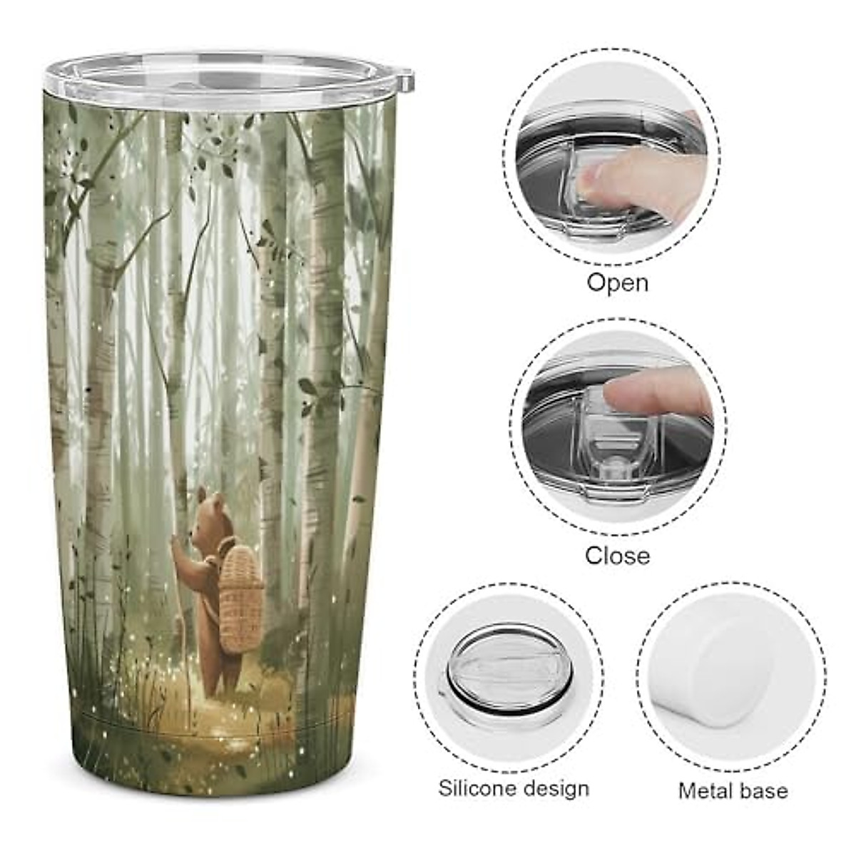 LLJEYOU Bear Hike Birch Forest Tumbler Insulated Stainless Steel Travel Tumbler Car Cup with Lid with Straw And Brush 590ml