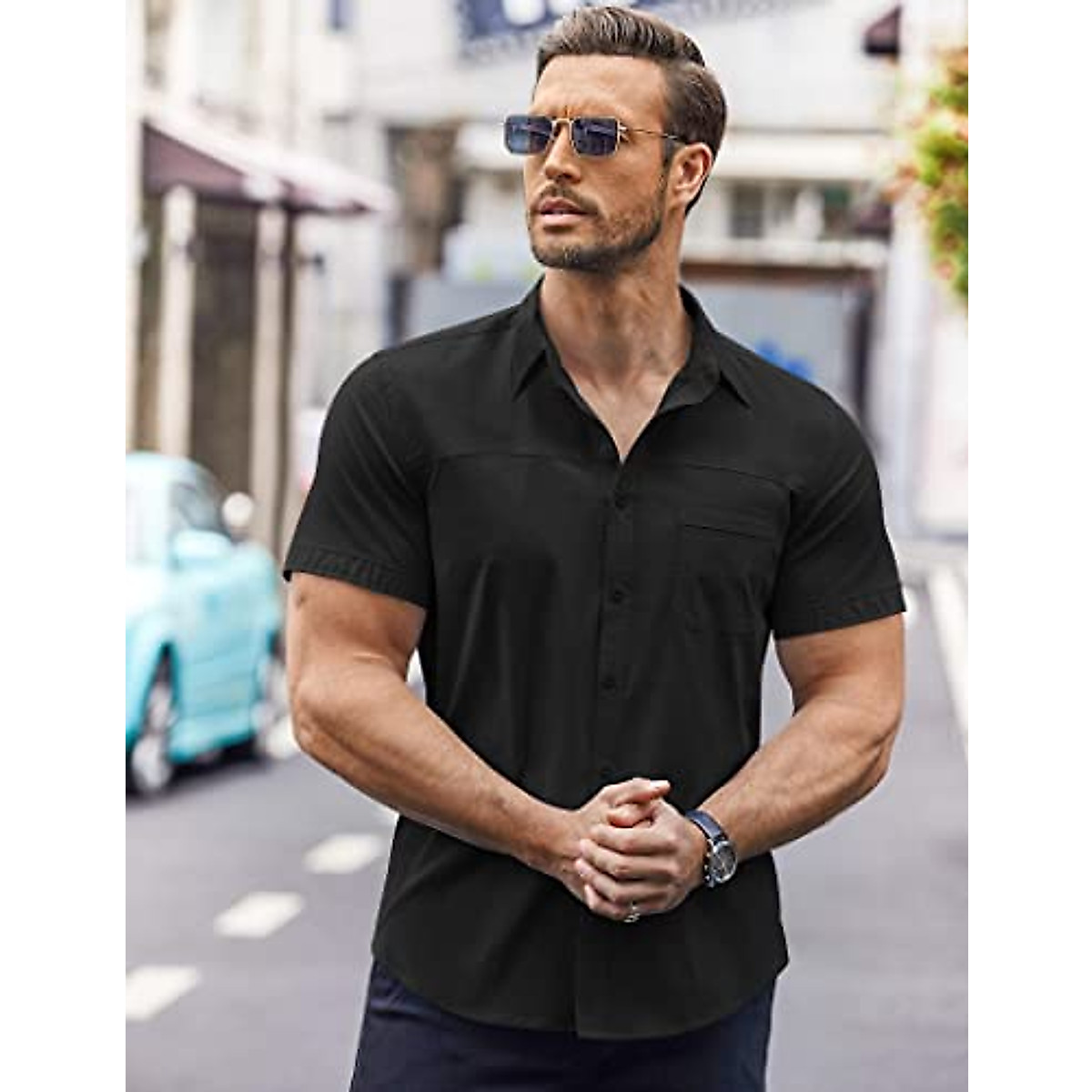 COOFANDY Mens Shirt Muscle Fit Dress Slim Fit Cotton Casual Button Down with Pocket, 01-Black, Large, Short Sleeve