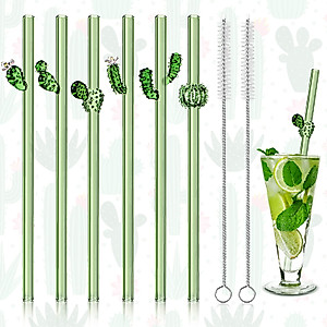 6 Pcs Reusable Glass Straws with Design, 8 mm x 7.9 Inches Cactus on Green Straws Straight Glass Cactus Straws with Cleaning Brush for Smoothie Cocktail Juice Shakes Beverages