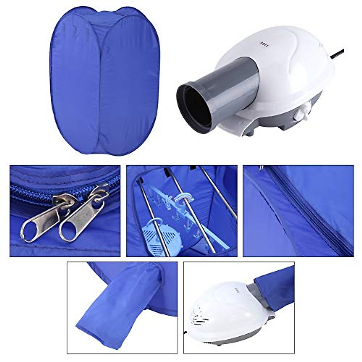 Portable Clothes Dryer, Blue Mini Folding Ventless Electric Air Clothes Dryer Bag Folding Fast Drying Machine with Heater 110V US Plug