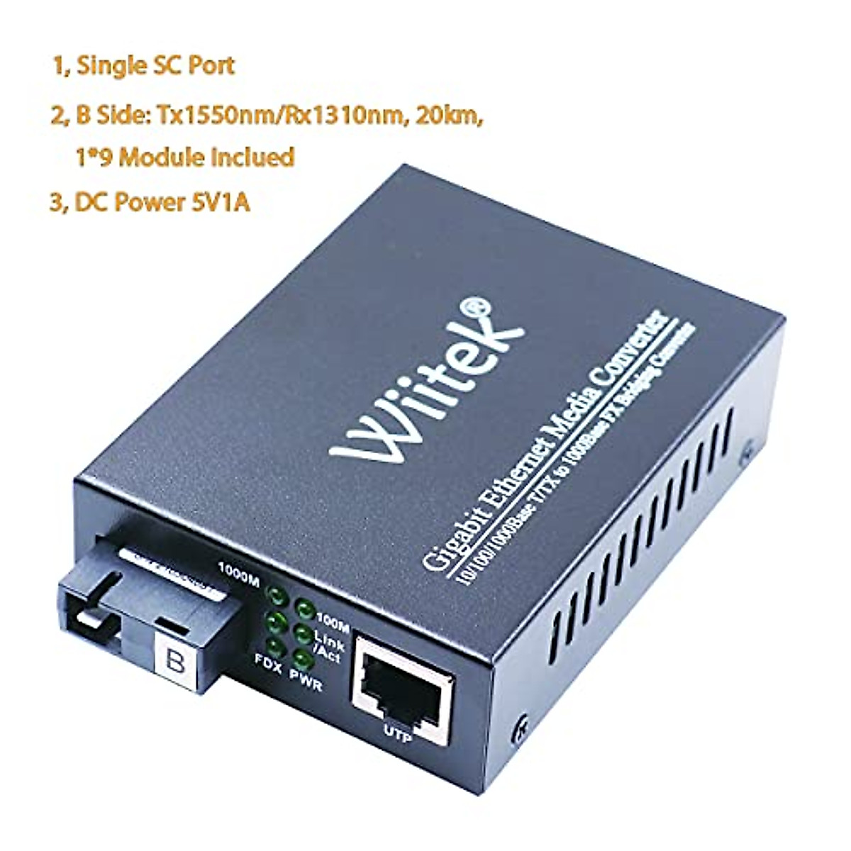 Wiitek 10/100/1000M Fiber Ethernet Media Converter, 10/100/1000Base-T/TX to 1000Base-FX Gigabit Bridging Converter, Single Fiber BIDI SC, SM, 1310nm/1550nm 20km, 1 Pair(A&B)