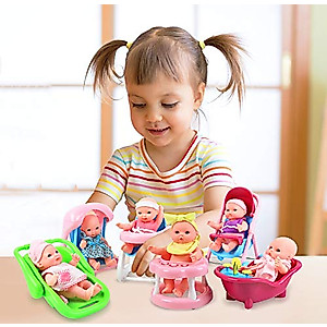 Click N' Play Mini 5 Inch Baby Girl Toy Dolls with Stroller, High Chair, Bathtub, Infant Seat, and Swing Accessories for Girls 3-6 Years Old