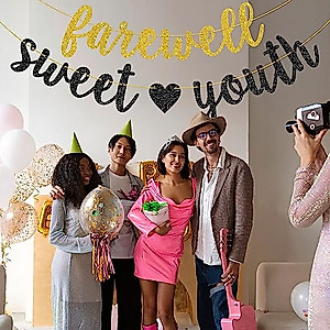 Helewilk Gold & Black Glitter Farewell Sweet Youth Banner, Funeral for My Youth Birthday Garland for 30th 40th 50th 60th Birthday Party Decoration, Funny Women Men Birthday Party Bunting Decor