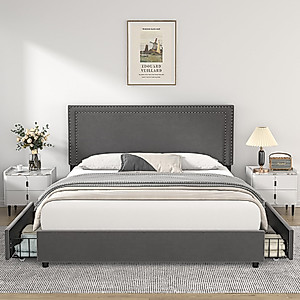 VECELO Queen Size Upholstered Platform Bed Frame with 4 Storage Drawers, Adjustable Velvet Rivets Headboard, Wooden Slats Support, No Box Spring Needed, Easy Assembly