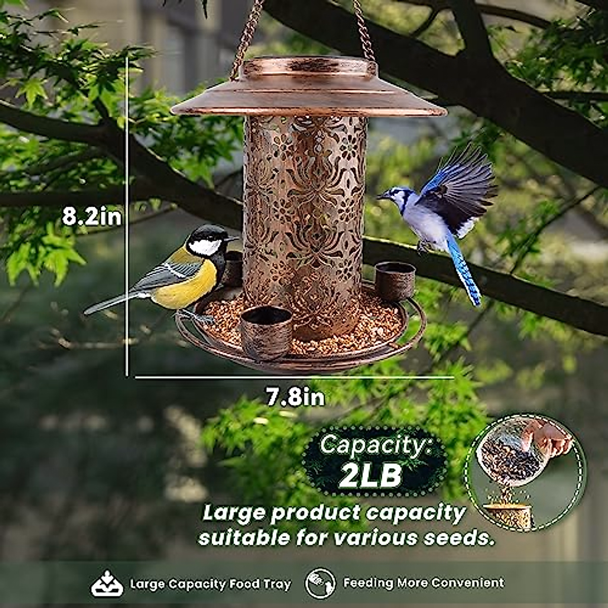 EHONBFLC Outdoor Hanging Solar Bird Feeder - Premium Metal Bird Feeder with Water Cup with S-Hook, gnaw-Proof, Weather and Water Resistant Wild Bird Feeder, a Gift for Bird Lovers. (Green)