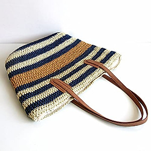 Burkburg Straw Beach Tote Bag Summer Woven Shoulder Bag Purse with Zipper, Stripe Navy