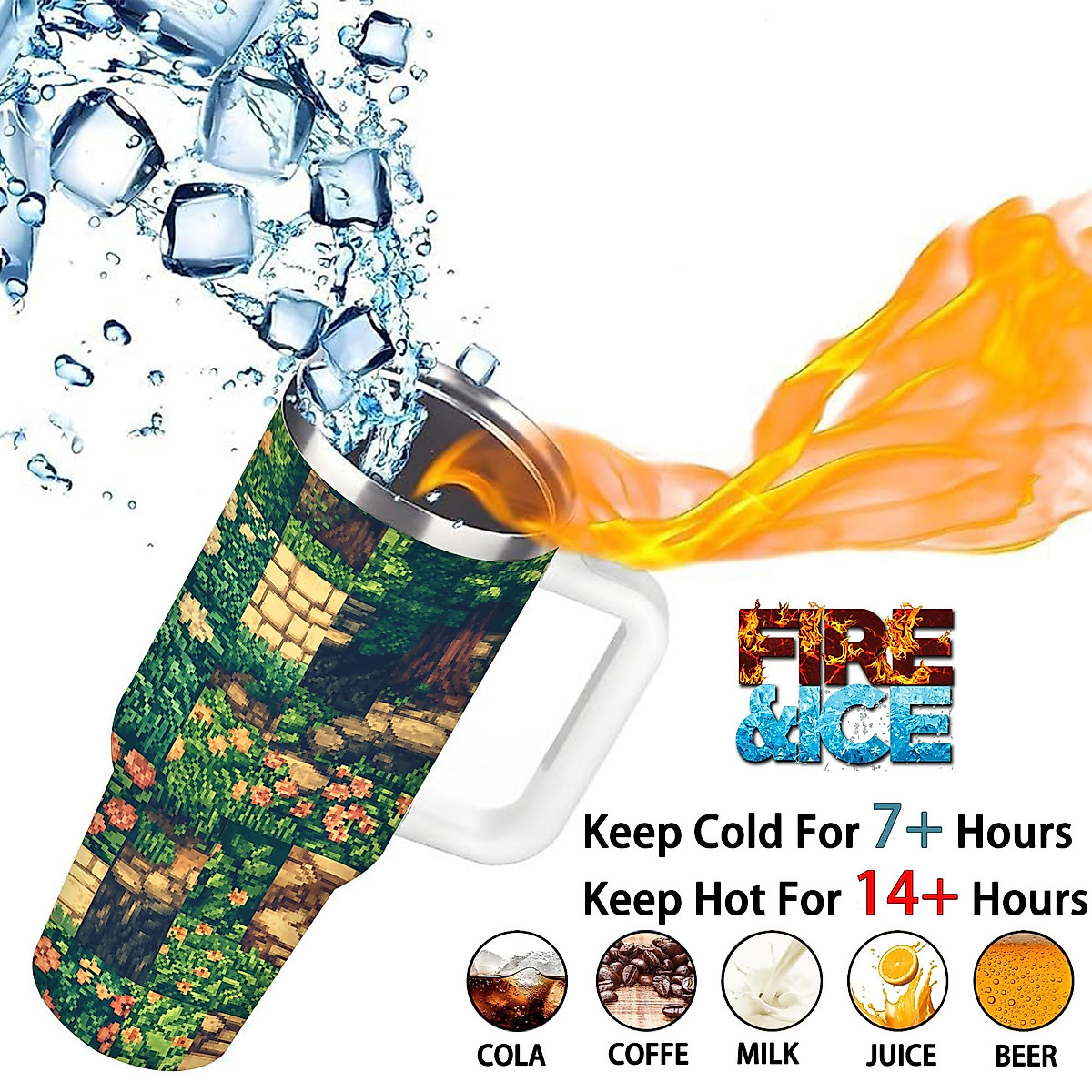 FOCIUZTA 40oz Pixel Art Nature Scenery Tumbler with lid, Travel Coffee Cup, Ideal for Easter, Gaming Enthusiast, Mother Day, and birthday gifts