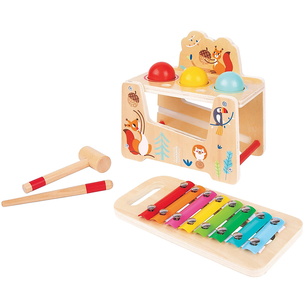 TOOKYLAND Pound a Ball Toy - 7pcs - Wooden Pounding and Hammering Bench with Xylophone; Educational Ball Drop Tap Game for Toddlers 1 Year Old +