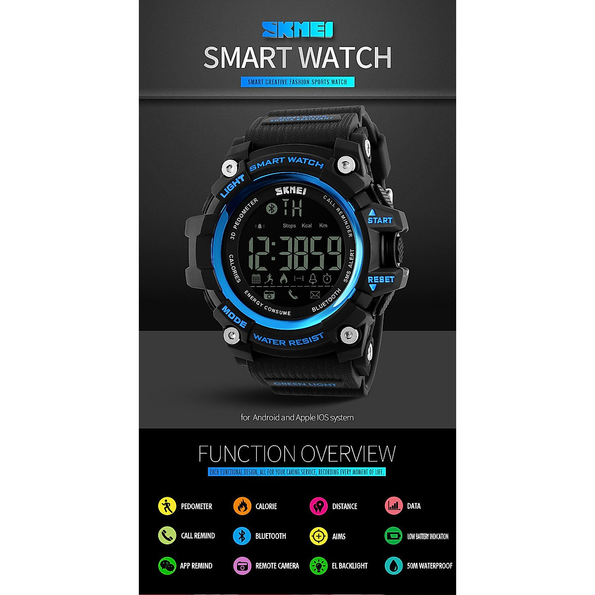 FANMIS Men Multifunction Smart Watch Pedometer Calories Digital Military Sport Watches Bluetooth for Android iPhone Activity Tracker Call Text Notification Monitor