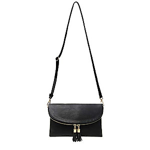 Solene Women's Envelop Clutch Crossbody Bag With Tassels Accent (WU075-Black)
