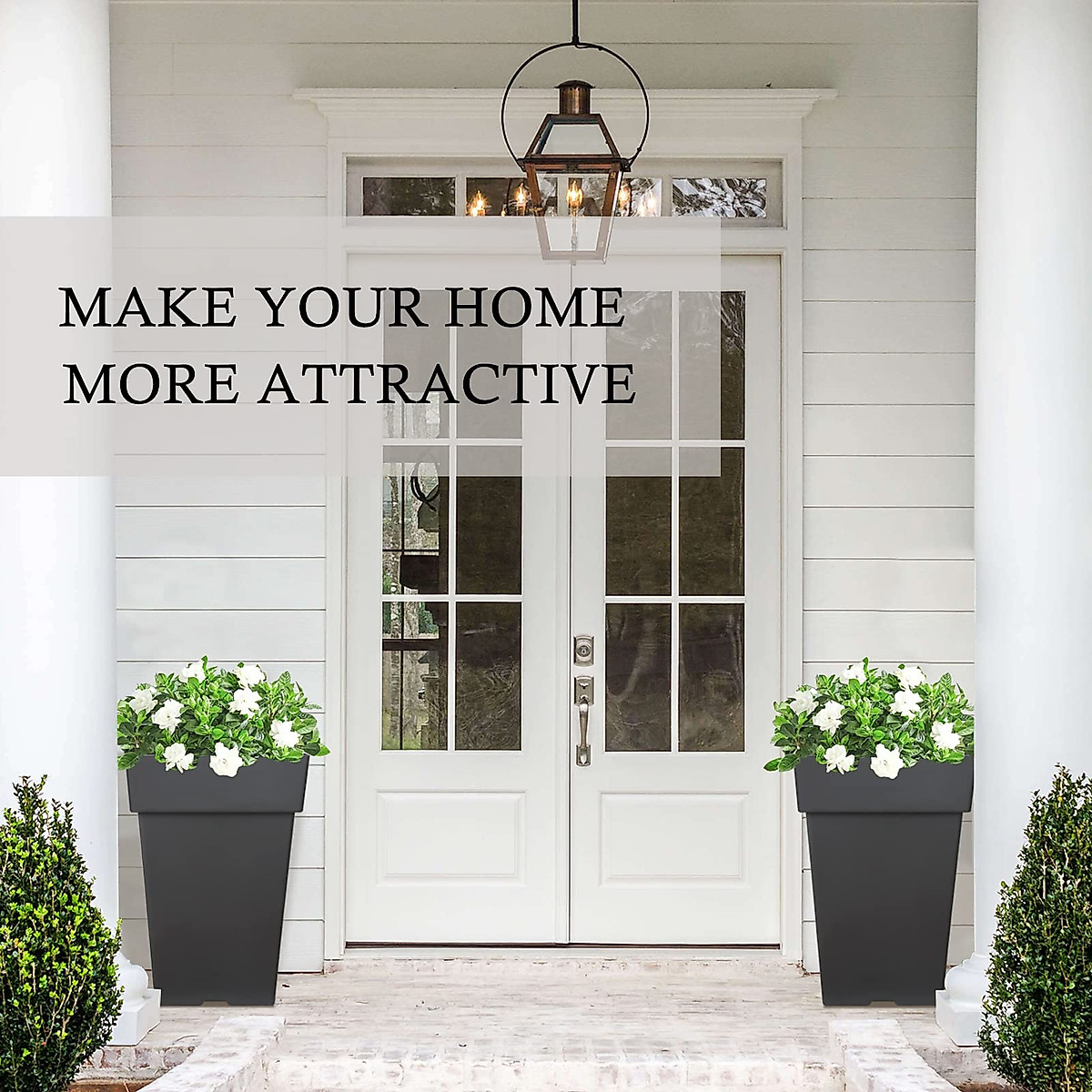 kubvici Tall Planters for Outdoor Plants, 20 Inch Movable Drainage Large Indoor Planters, Set of 2 Plastic Planters for Front Porch Door Garden Balcony Deck, Dark Gray 20"