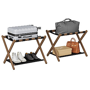 Smuxee Walnut Bamboo Luggage Rack Pack of 2, Foldable Suitcase Stand with Storage Shelf, Easily Assembled Luggage Stand with 5 Nylon-Straps for Guest Room Hotel Bedroom