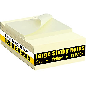 1InTheOffice Large Sticky Notes 3x5, Self-Stick Note Pads, Sticky Notes 3x5, , Yellow, 100-Sheet, 12/Pack