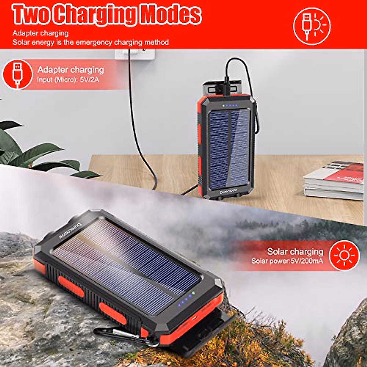 Durecopow Solar Charger, 20000mAh Portable Outdoor Waterproof Solar Power Bank, Camping External Backup Battery Pack Dual 5V USB Ports Output, 2 Led Light Flashlight with Compass (Red)