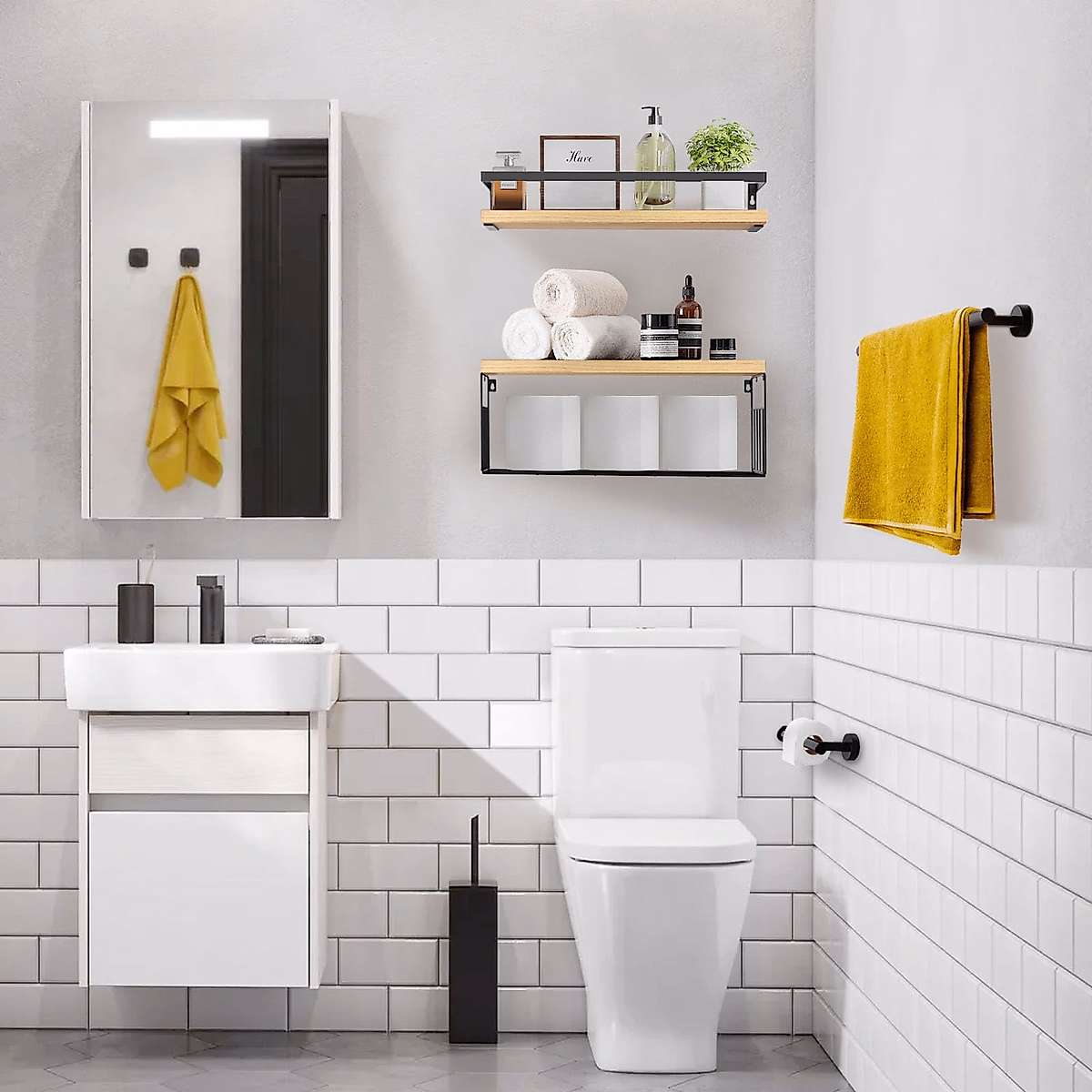 3 Set Bathroom Shelves Wall Mounted Over Toilet,Floating Shelves for Bathroom with Toilet Paper Storage Basket,Solid Wood Bathroom Wall Organizer with Metal Frame for Bathroom, Kitchen, Bedroom