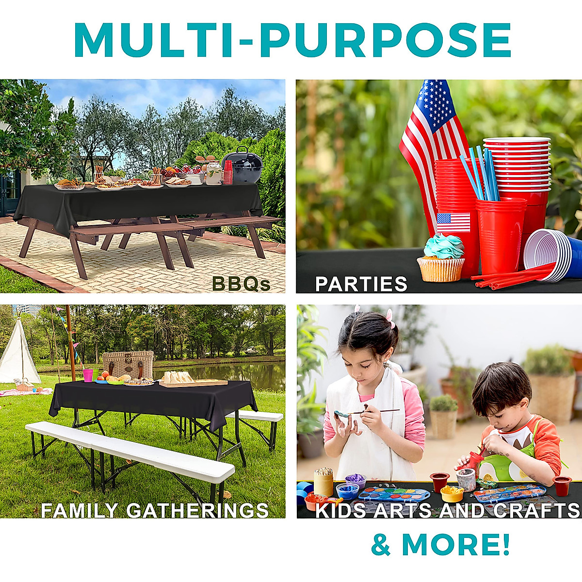 54in X 100ft Black Premium Plastic Disposable Tablecloth Roll with in Built Cutter Box | Table Cover for Party, Picnic, Banquet & Kids Activities