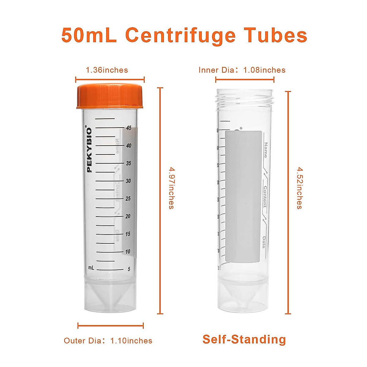 PEKYBIO 50ml Centrifuge Tubes Self-Standing Sterile Plastic Graduated Test Tube with Screw Cap, Pack of 25