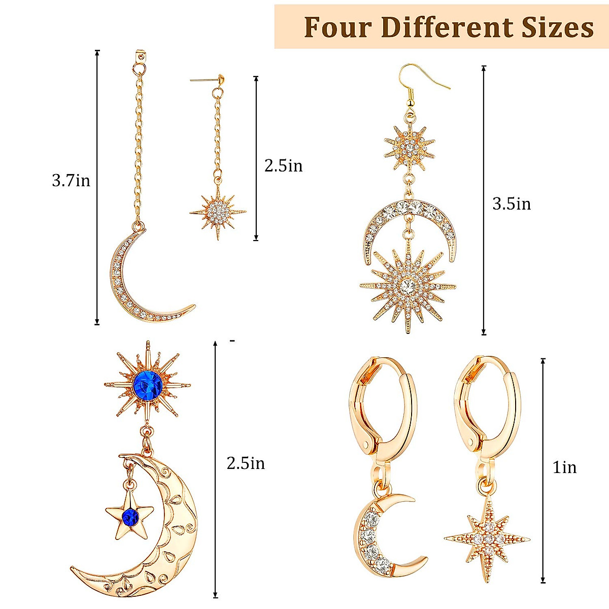 4 Pairs Moon Earrings Star Earrings Exaggerated Boho Earrings Retro Moon Dangle Drop Rhinestones Earrings Sun for Halloween Christmas Women Girls Gift