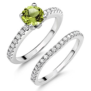 Gem Stone King 925 Sterling Silver Green Peridot and White Moissanite Wedding Engagement Band Bridal Set Ring For Women (1.49 Cttw, Gemstone August Birthstone, Available In Size 5, 6, 7, 8, 9)