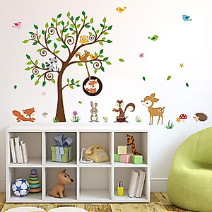 decalmile Forest Animals Tree Wall Decals Fox Squirrel Deer Wall Stickers Baby Nursery Kids Bedroom Playroom Wall Decor