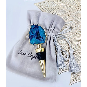 LUXE CRYSTAL CO. Handcrafted Teal Green Natural Crystal Geode Agate Druzy Gold Electroplated Crystal Wine Champagne Stopper Handmade Bottle Barware Housewarming Bridal Shower Gift