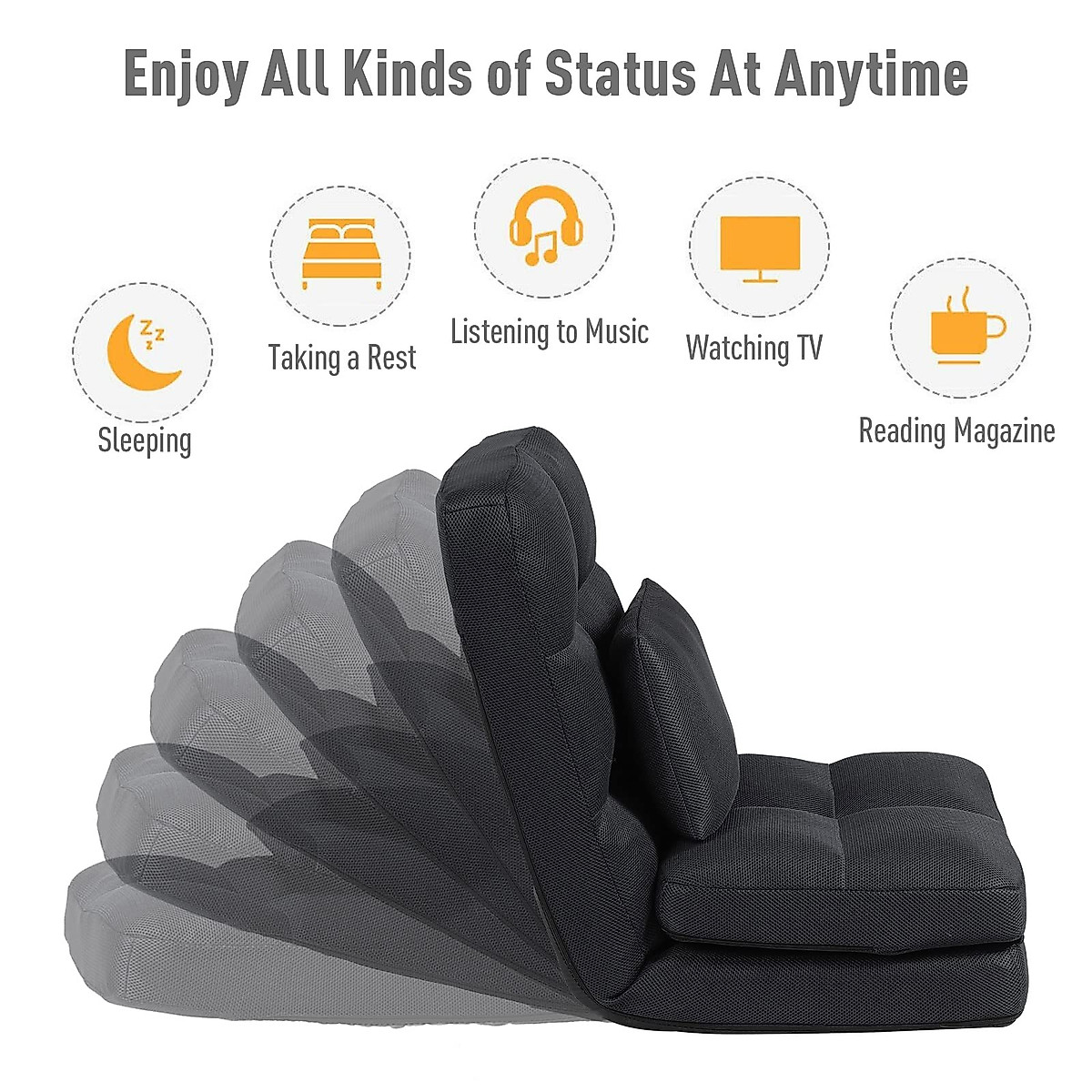 Urnodel Indoor Chaise Lounge Sofa, Floor Chair with Back Support for Adults, 14 Angle Adjustment Recliner Chair, Folding Floor Lounger with Pillow 8823(Grey)