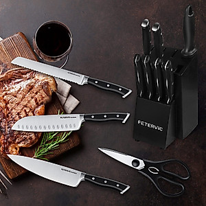 FETERVIC Knife Set with Block, 12-Piece Premium Kitchen Knife Set with Chef Knife, Sharpener and Serrated Steak Knives, Ultra Sharp German Stainless Steel Chef Knife Set