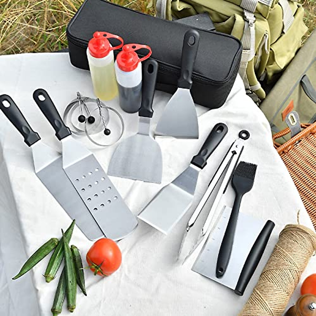 CYXI Grill Accessories, BBQ Tools Set, Grilling Tools Stainless Steel Grill Utensils,Portable Grilling Utensil Kit,for Travel, Picnics, RVs, Camping, BBQs, Parties (Size : 14pcs)
