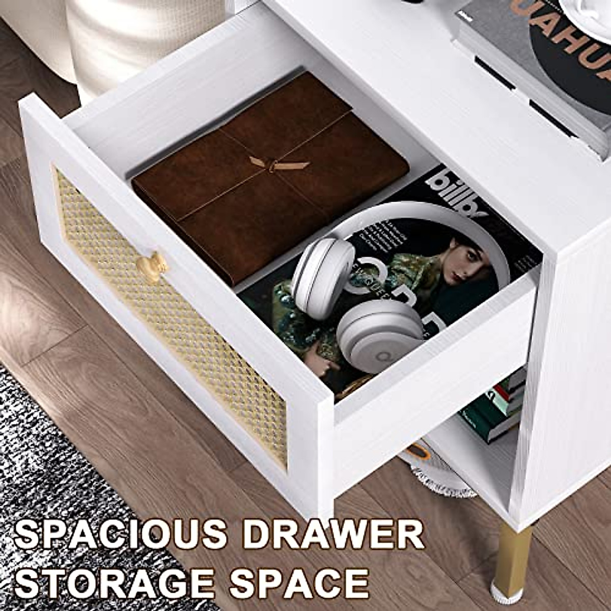 Ecoprsio Nightstands Set of 2 for Bedroom, Boho Bed Side Table with Storage Drawer, Mid-Century Modern Night Stand with Wood Finish and Rattan Drawer, End Table, Sofa Couch Side Table - White