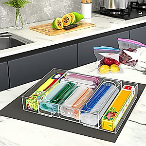 NPPLUS Bag Storage Organizer, Acrylic Expandable Kitchen Drawer Holder, Premium Food Storage Bags Dispenser For Gallon, Quart, Sandwich, Snack Freezer Bags and Fits 12" Length Wrap Rolls