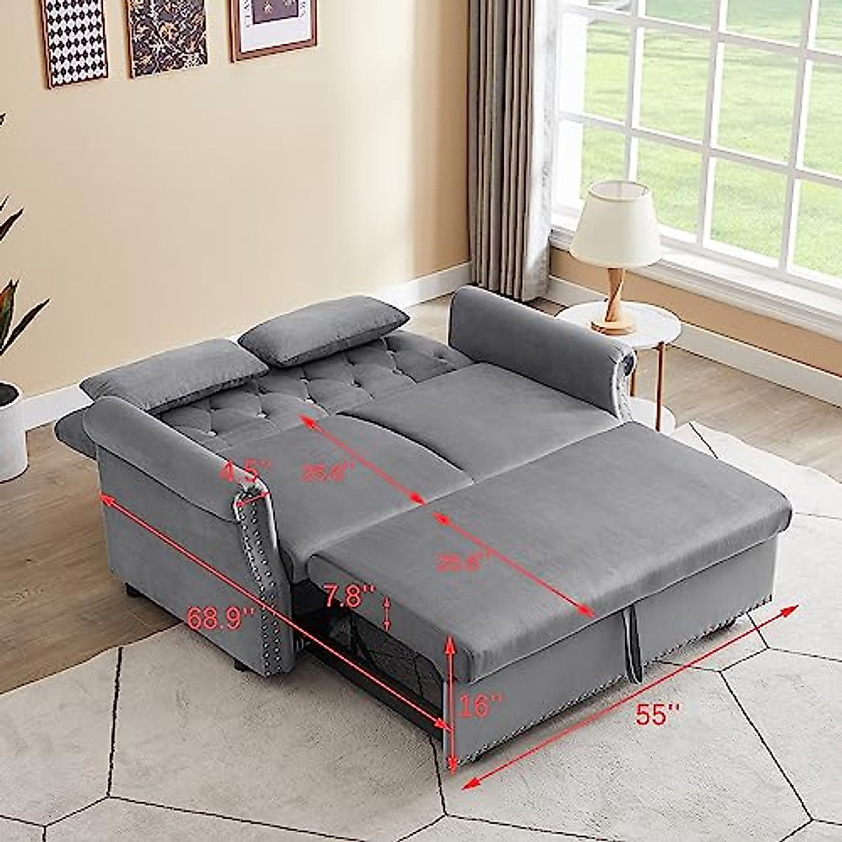 Convertible Sleeper Sofa Pull Out Couch, Modern Velvet Upholstered 3-in-1 Loveseat with Reclining Adjustable Backrest &Removable Armrest ,Button Tufted Small Sofa & Couches for Apartment Living Room