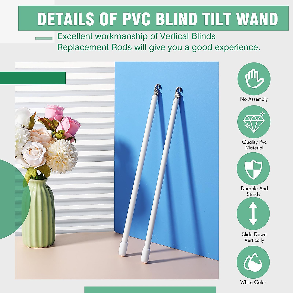 Therwen 2 Pcs PVC Long Blind Wand Replacement with Hook and Handle White Vertical Blinds Wand Opener Stick Curtain Wand Tilt Rod for Windows Accessory Curtain Door Shades (12 inch)