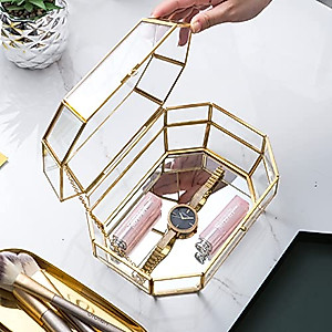 Vellon Gold and Clear Jewelry Trinket Box, Glass Decorative Box, Chic Design Storage for Cosmetic/Bracelet/Necklace/Ring, Idea Gift, Including 26 Glass Panels and 112 Golden Metal Line
